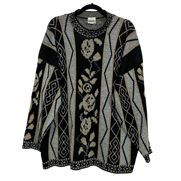 Vintage | Sweaters | Vintage 8s Basic Editions Metallic Floral Mockneck ...